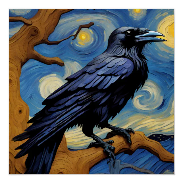 Raven in the old oak tree in a starry night poster | Zazzle