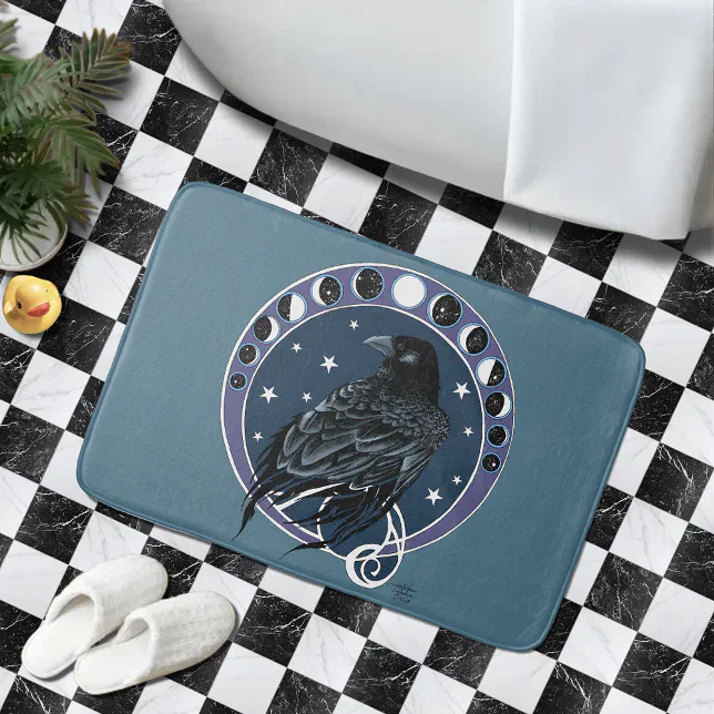 Raven Moon Phases Stars Blue Bath Mat | Zazzle