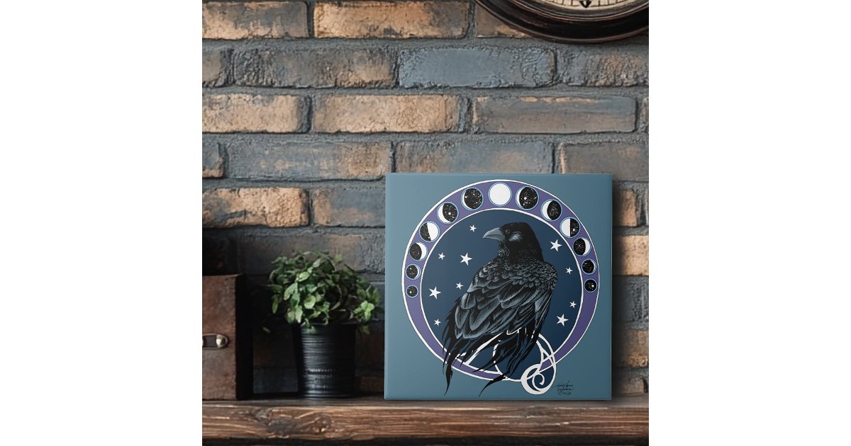 Raven Moon Phases Stars Blue Ceramic Tile | Zazzle