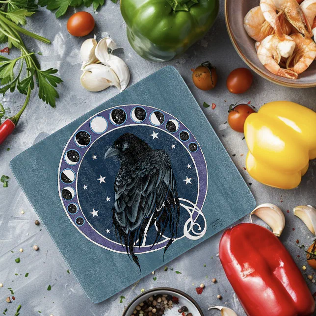 Raven Moon Phases Stars Blue Cutting Board | Zazzle