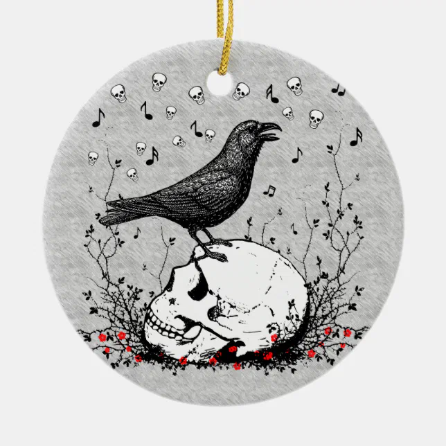 Raven Sings Song of Death on Skull Illustration Ceramic Ornament | Zazzle