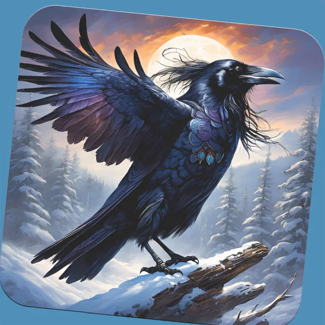 Raven Spirit Winter Solstice Full Moon Forest Bird Square Sticker | Zazzle