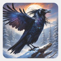 Raven Spirit Winter Solstice Full Moon Forest Bird Square Sticker | Zazzle