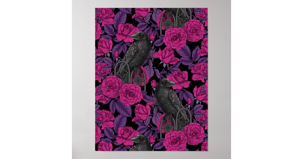 Ravens and pink roses poster | Zazzle