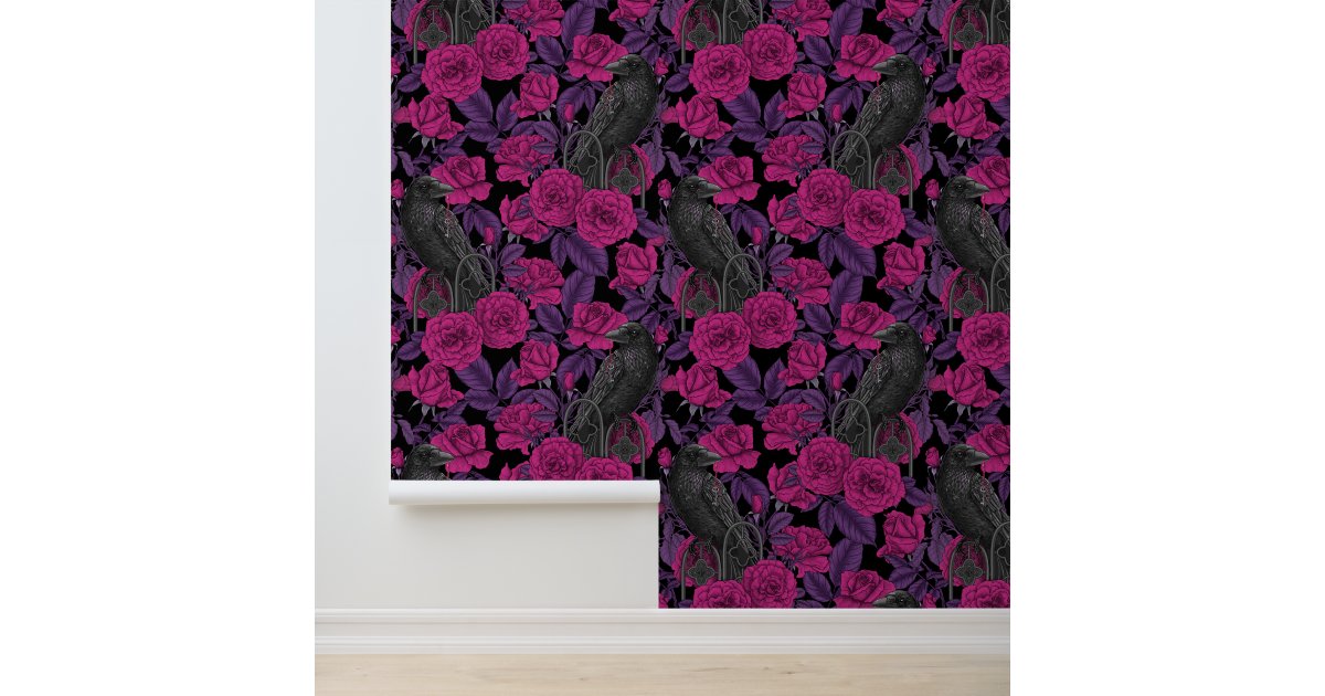 Ravens and pink roses wallpaper | Zazzle