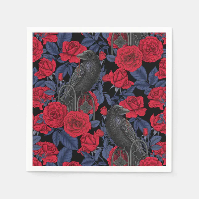 Ravens and roses with dark blue leaves napkins | Zazzle