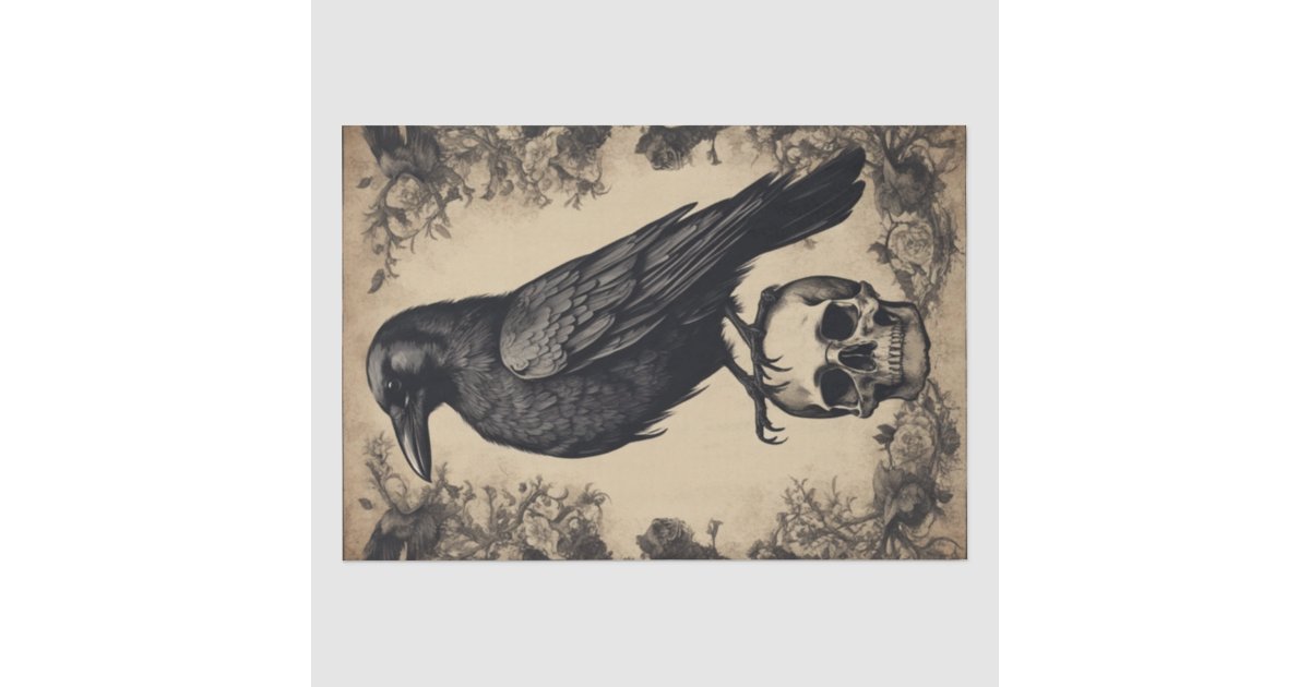Raven's Elegy: Vintage Skull and Raven Decoupage Tissue Paper | Zazzle