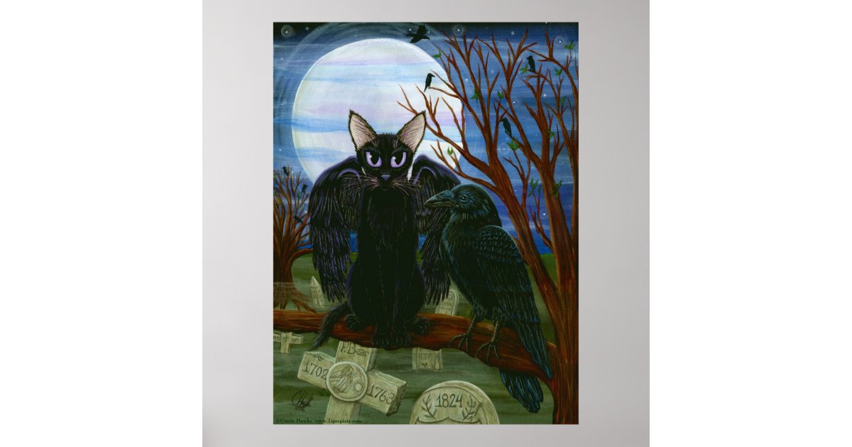 Raven's Moon Black Cat Crow Gothic Art Poster | Zazzle