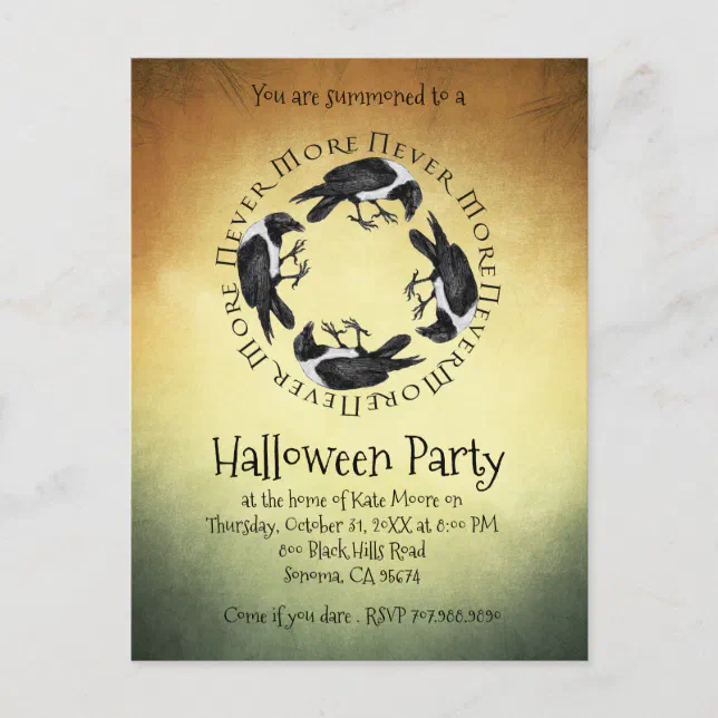 Ravens Never More Halloween Party Invitation Postcard | Zazzle