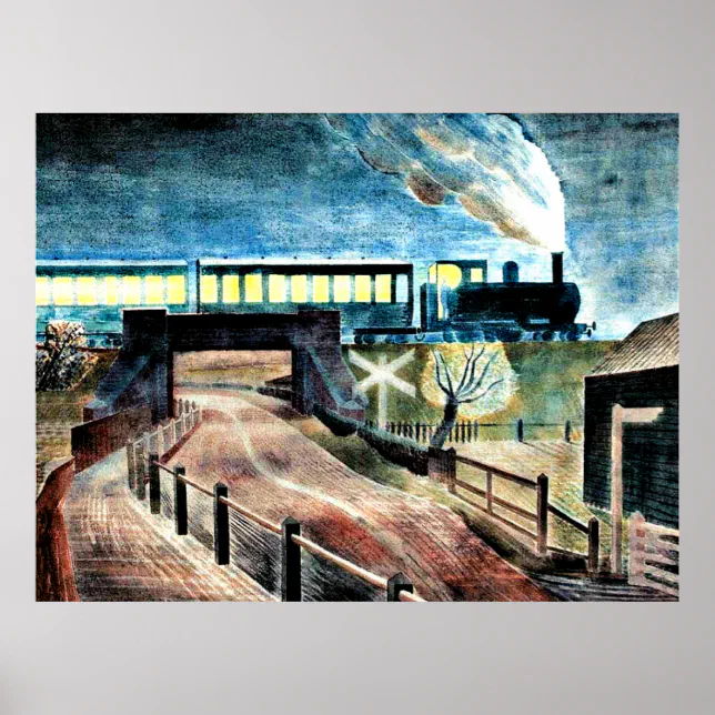Ravilious art, Train Going over Bridge at Night Poster | Zazzle