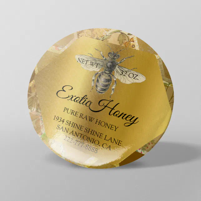 Raw Honey Jar Honeybee Honeycomb Bee Apiary Gold Classic Round Sticker ...