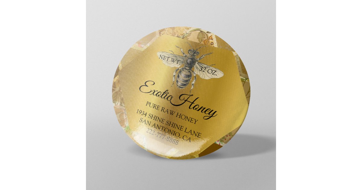 Raw Honey Jar Honeybee Honeycomb Bee Apiary Gold Classic Round Sticker ...