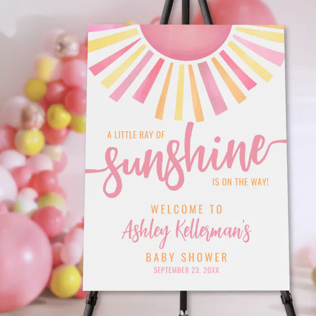 Ray Of Sunshine Pink Sun Baby Shower Welcome Sign | Zazzle