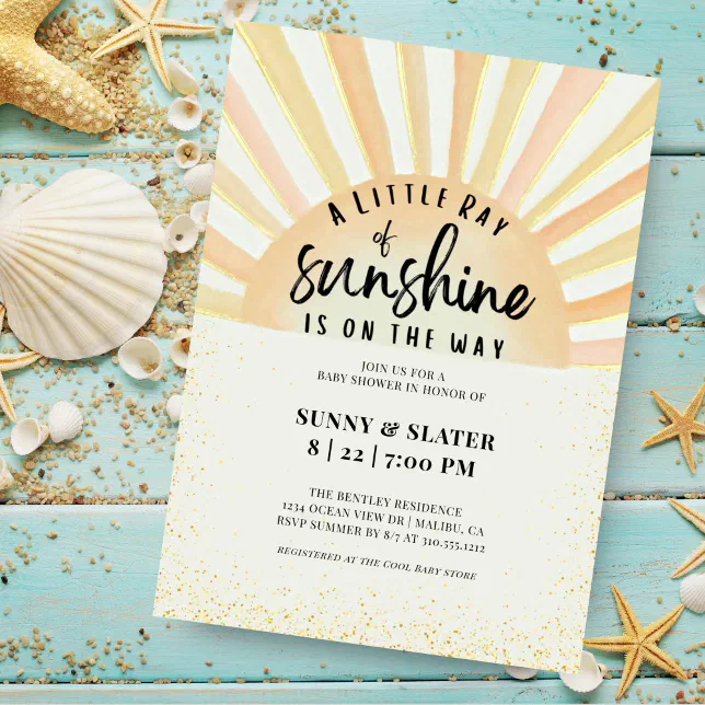 Ray Of Sunshine Retro Summer Beach Baby Shower Invitation | Zazzle