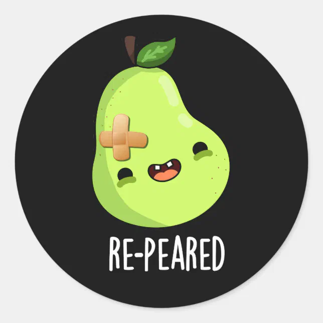 Re-peared Funny Fruit Pear Pun Dark BG Classic Round Sticker | Zazzle
