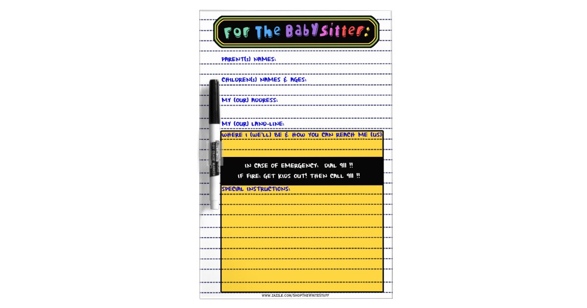 Re-Usable Babysitter Info Board | Zazzle
