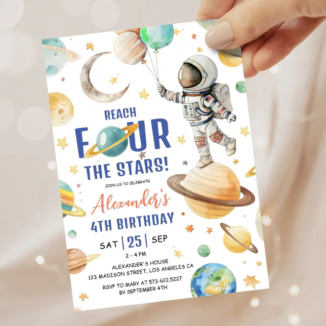 Reach Four The Stars Boy Space 4th Birthday Party Invitation | Zazzle