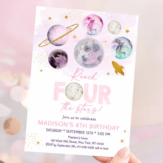 Reach FOUR The Stars Pink Space Birthday Invitation | Zazzle