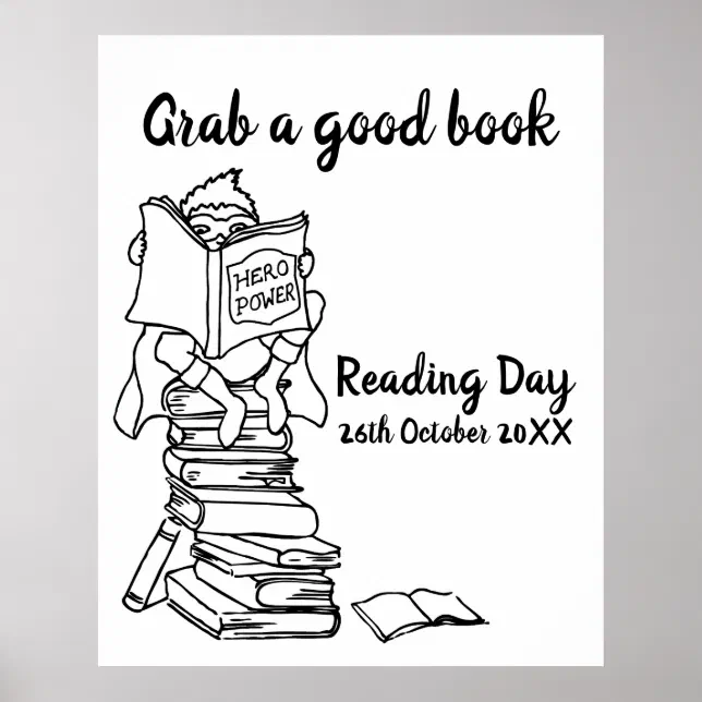 Reading boy hero on books color in school poster | Zazzle