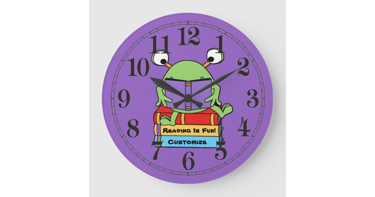 Reading Is Fun Cute Book Loving Alien Wall Clock | Zazzle