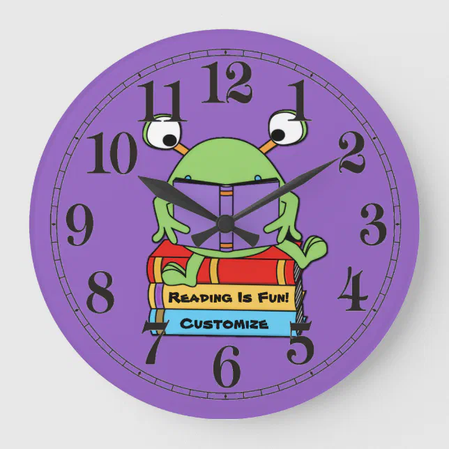 Reading Is Fun Cute Book Loving Alien Wall Clock | Zazzle