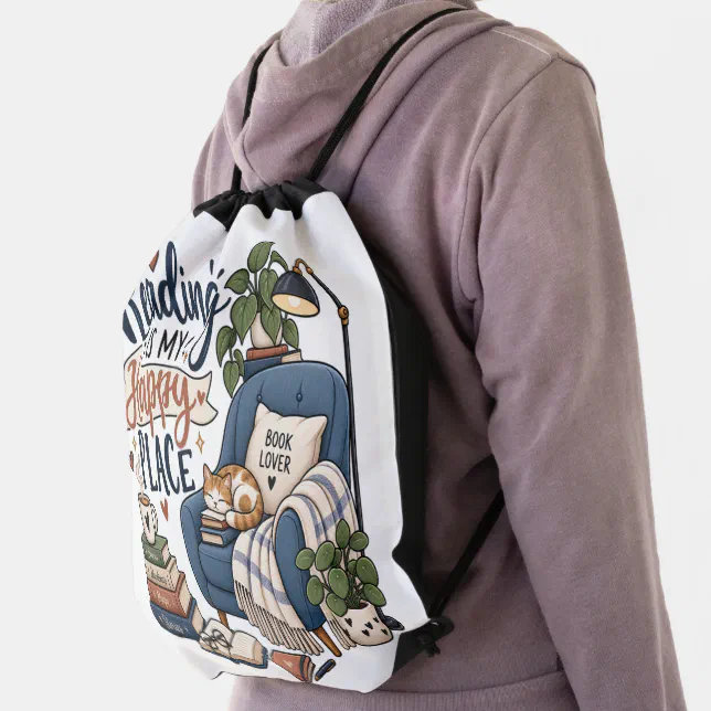 Reading Is My Happy Place – Cozy Book Lover Design Drawstring Bag | Zazzle