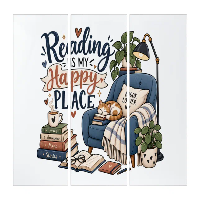 Reading Is My Happy Place – Cozy Book Lover Design Triptych | Zazzle
