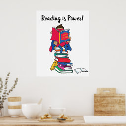 Reading is power superhero boy reading kids poster | Zazzle