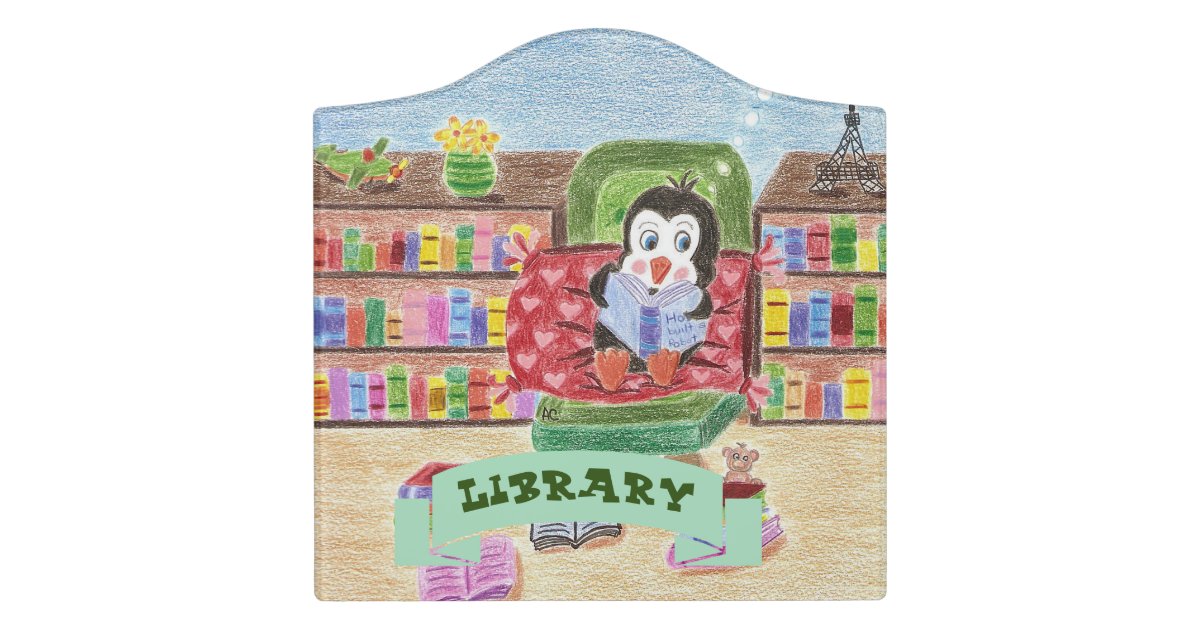 Reading penguin school library door sign | Zazzle