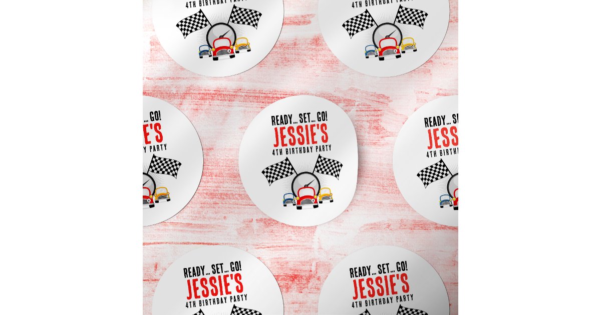 Ready Set Go! Race Car Birthday Party Classic Round Sticker | Zazzle