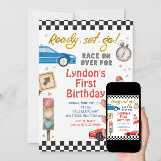 Ready, Set, Go Race on over 1st Birthday Party Invitation | Zazzle