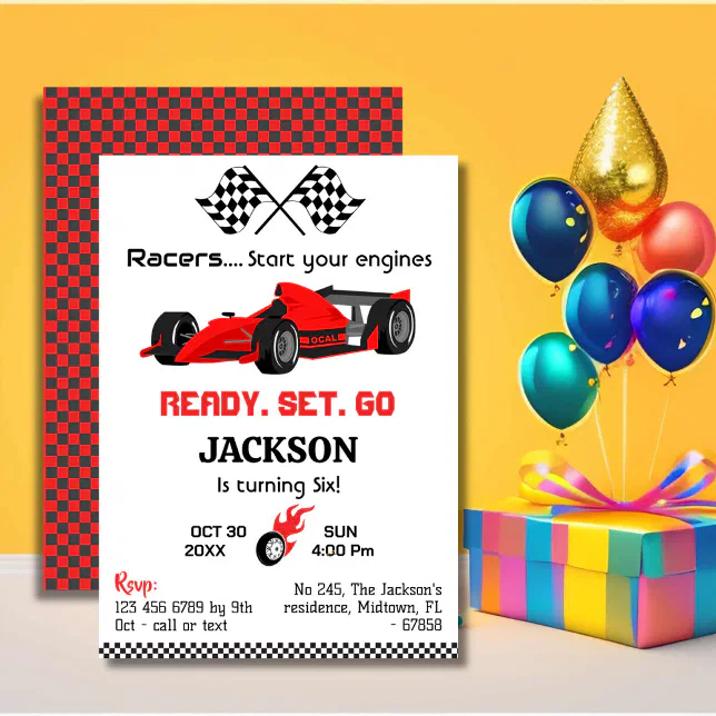 Ready set go red racing car modern 6th birthday invitation | Zazzle
