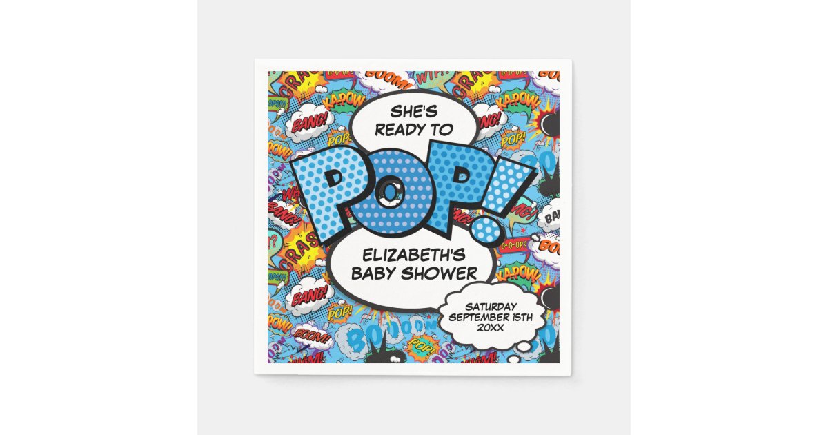 Ready to Pop Baby Shower Blue Comic Book Napkins | Zazzle