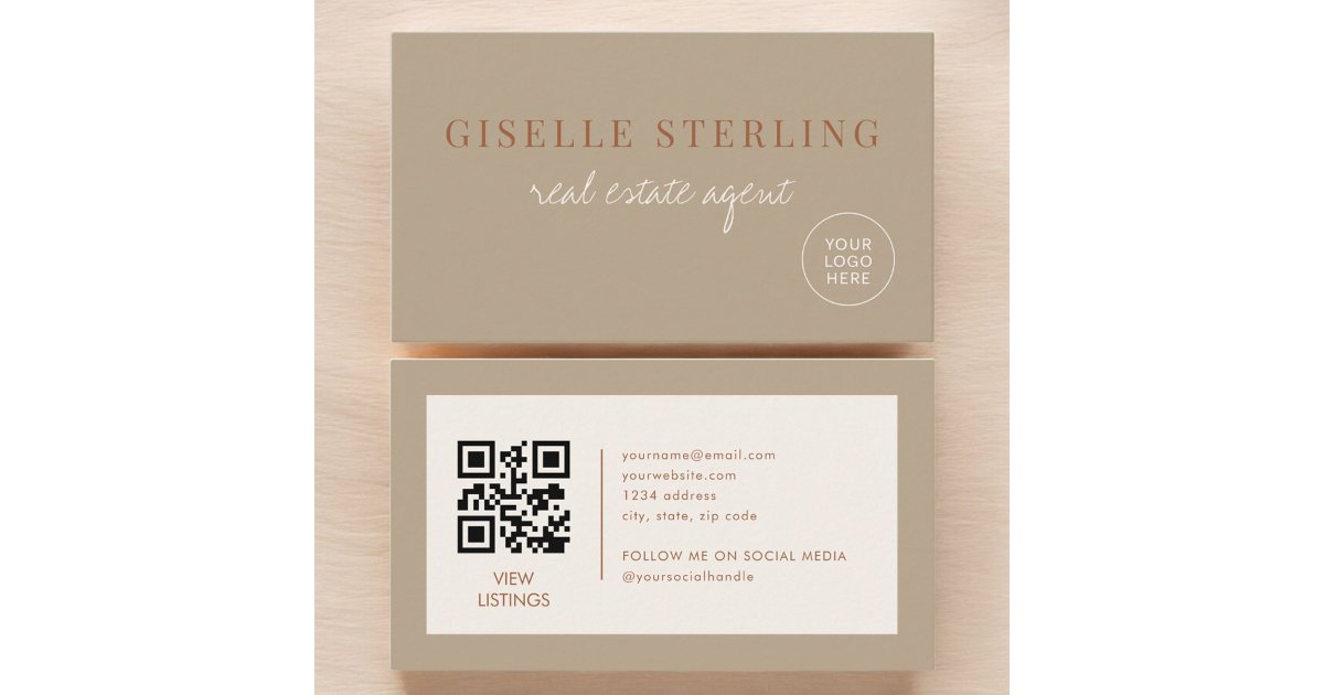 Real Estate Agent Beige Neutral Logo QR Code Business Card | Zazzle