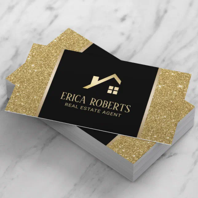 Real Estate Agent Black & Gold Glitter Custom Logo Business Card | Zazzle