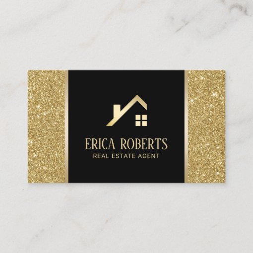 Real Estate Agent Black & Gold Glitter Custom Logo Business Card | Zazzle