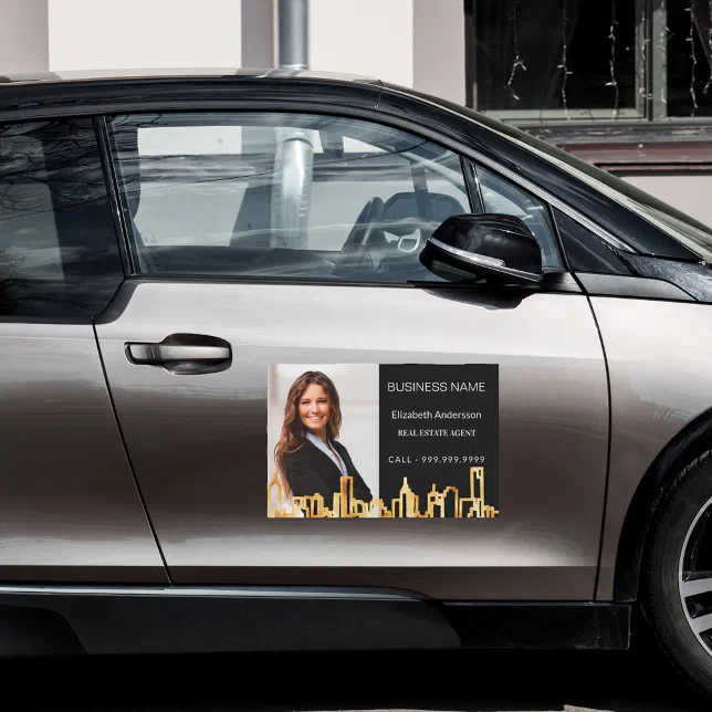 Real estate agent black gold photo city skyline car magnet | Zazzle