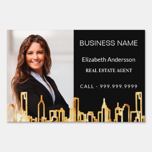 Real estate agent black gold photo city skyline sign | Zazzle