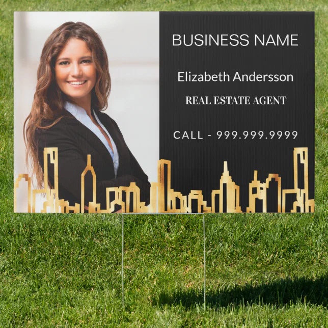 Real estate agent black gold photo city skyline sign | Zazzle