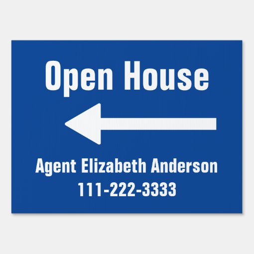 Real Estate Agent Blue and White Arrow Open House Sign | Zazzle