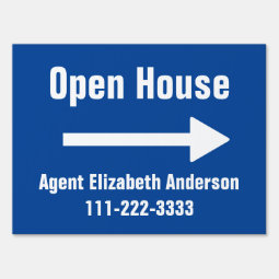 Real Estate Agent Blue and White Arrow Open House Sign | Zazzle