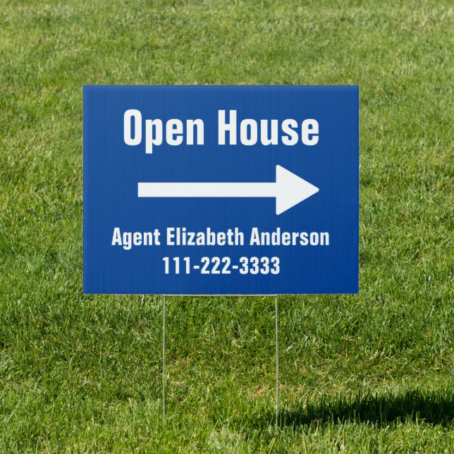 Real Estate Agent Blue and White Arrow Open House Sign | Zazzle