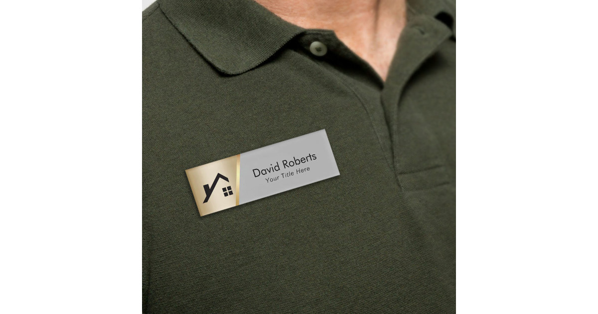 Real Estate Agent Custom Logo Modern Gold & Grey Name Tag | Zazzle