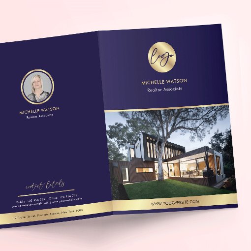 Real Estate Agent Elegant Navy & Gold Logo Photo Pocket Folder | Zazzle