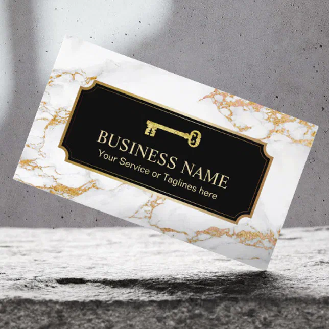 Real Estate Agent Gold Key Logo Modern Marble Business Card | Zazzle