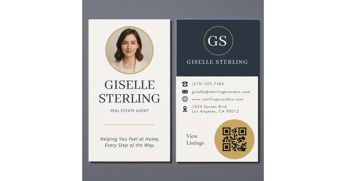 Real Estate Agent Gold & Navy Photo QR Code Modern Business Card | Zazzle
