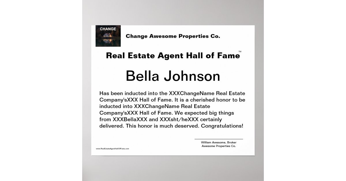Real Estate Agent Hall of Fame Certificate Poster | Zazzle
