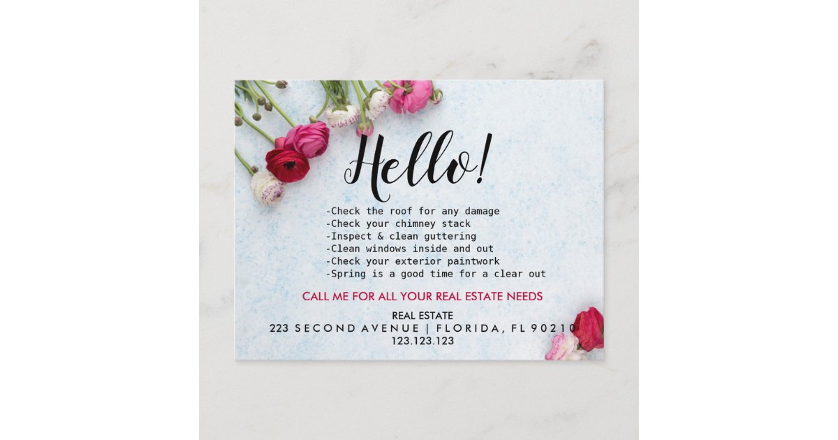 Real Estate Agent HELLO Spring checklist Announcement Postcard | Zazzle