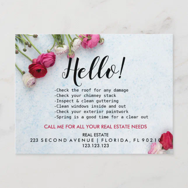 Real Estate Agent HELLO Spring checklist Announcement Postcard | Zazzle
