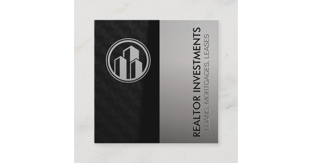Real Estate Agent | Metallic | Sleek Black Square Business Card | Zazzle